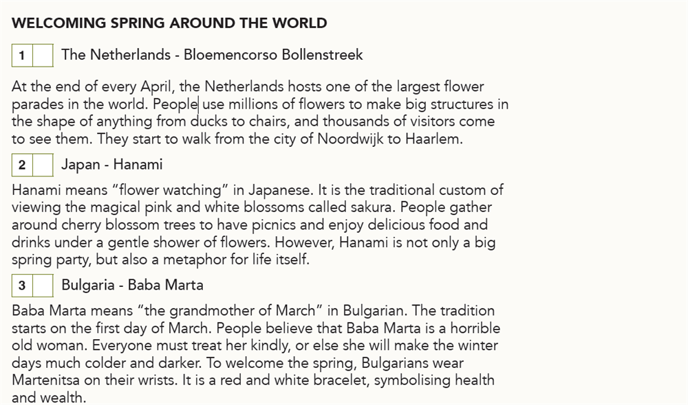 Read the spring traditions below and match them with the photos. One is ...