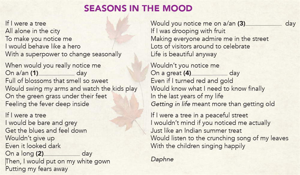 Read the poem and write one of the four seasons in each blank.