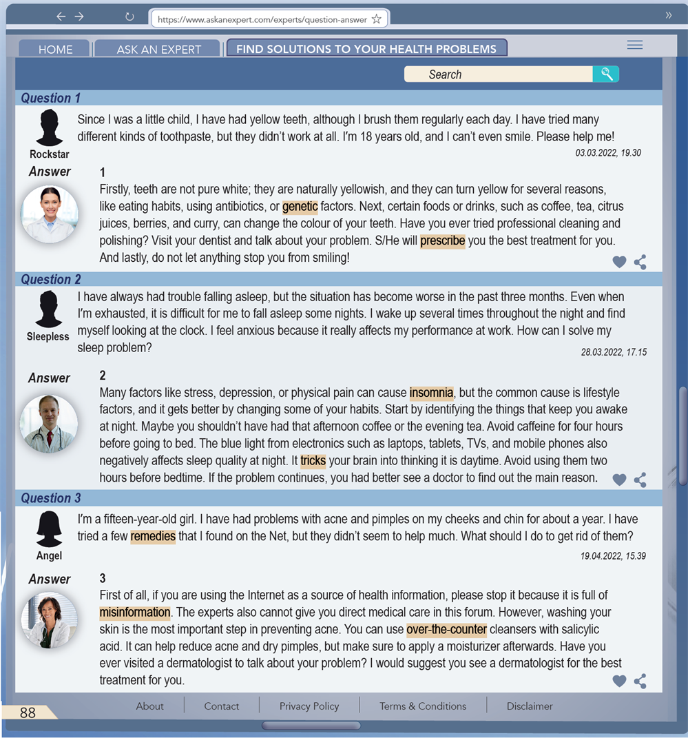 Read the texts and write the correct specialist for each answer column.