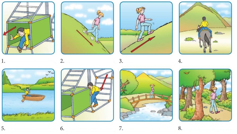 Drag the correct "preposition of movement" under the pictures.